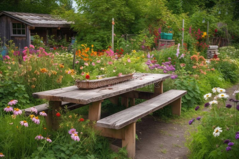 A Rustic Picnic Table Surrounded by Blooming Garden in Full Bloom Stock ...
