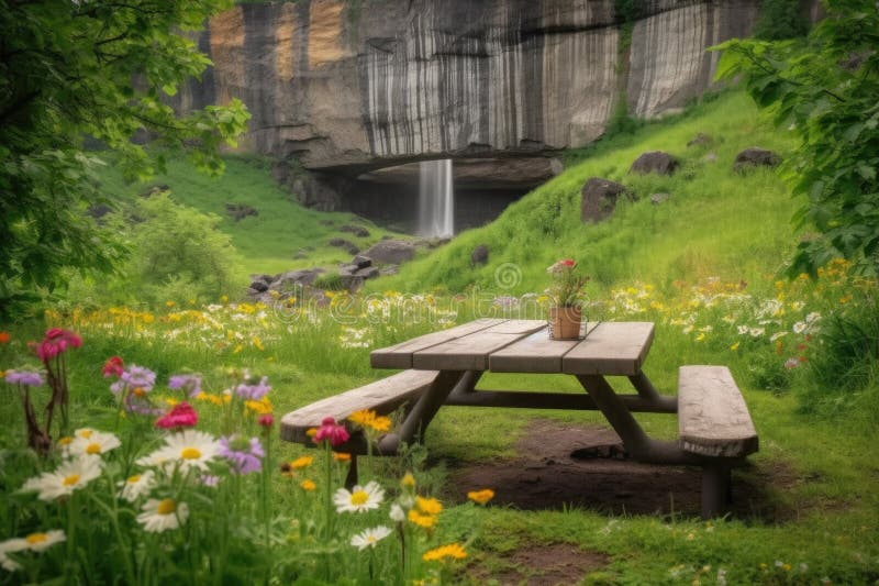 A Rustic Picnic Table Surrounded by Blooming Wildflowers and a ...