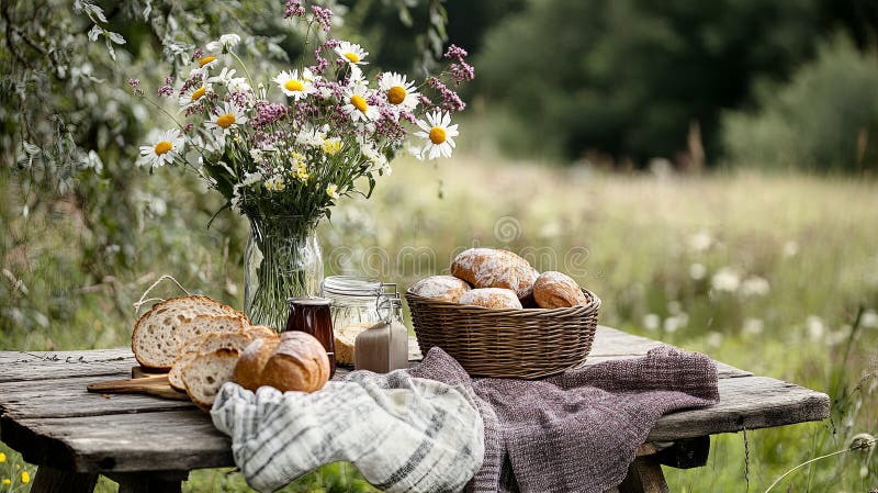 A Rustic Picnic Table with a Vase of Wildflowers and a Basket of Fresh ...