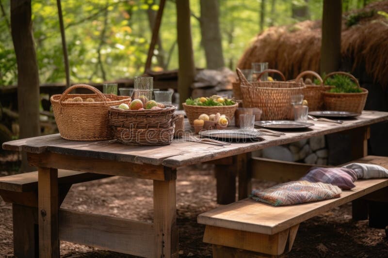 Rustic Picnic Table with Woven Baskets, Plates, and Glasses Stock ...