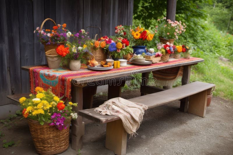 Rustic Picnic Table with Woven Baskets, Vibrant Flowers, and Heirloom ...