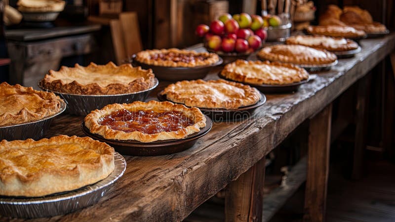 A Rustic Pie-baking Contest Setup with Pies Displayed on a Long Wooden ...