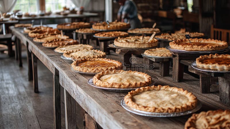 A Rustic Pie-baking Contest Setup with Pies Displayed on a Long Wooden ...