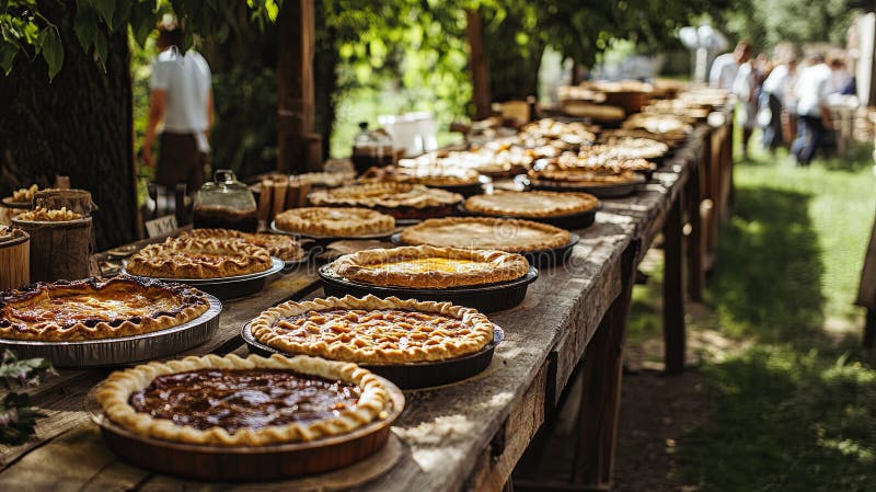 A Rustic Pie-baking Contest Setup with Pies Displayed on a Long Wooden ...