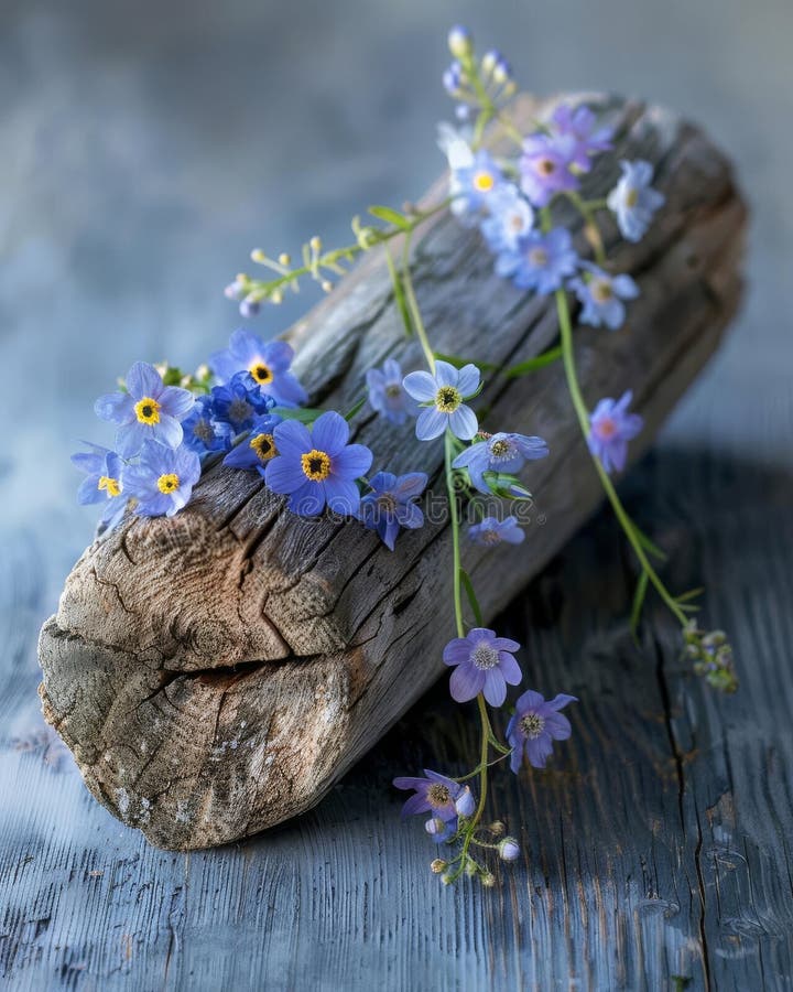 A Rustic Piece of Wood with a Beautiful Flower Arrangement Stock ...
