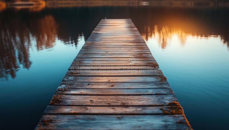 Rustic Pier Overlooking Sunlit Pond Stock Photo - Image of beach, lake ...