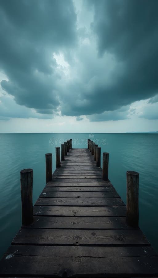 Rustic Pier Stretches into Calm Water Under a Brooding Sky , Dusk Sky ...