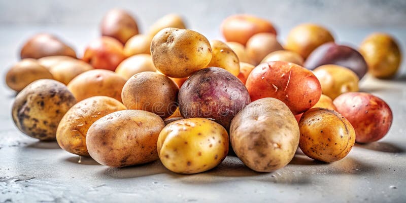 Rustic Pile of Raw Potatoes on a White Table a CloseUp Side View of ...