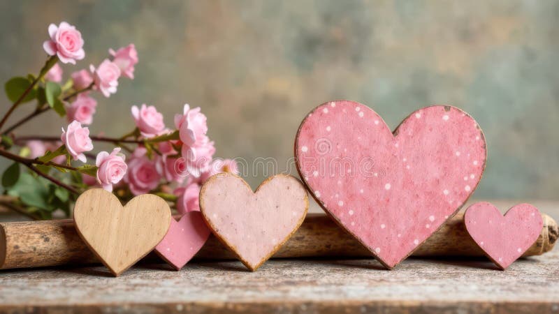 Rustic Pink Hearts and Flowers on Weathered Wood Surface Stock ...