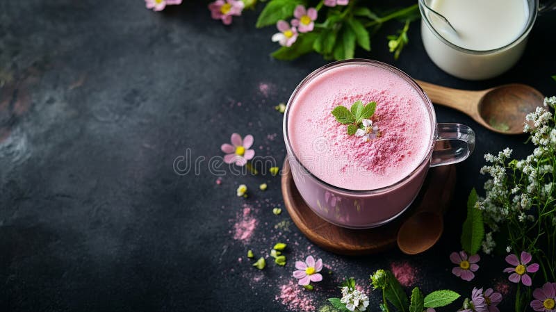 Rustic Pink Matcha Latte with Fresh Milk and Floral Garnish on Dark ...