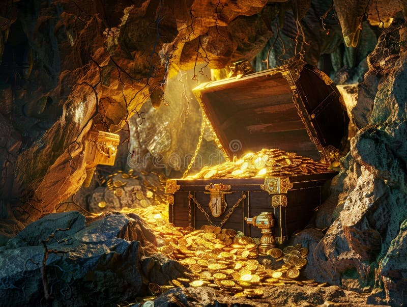 Rustic Pirate Treasure Chest Overflowing with Gold in a Hidden Rocky ...