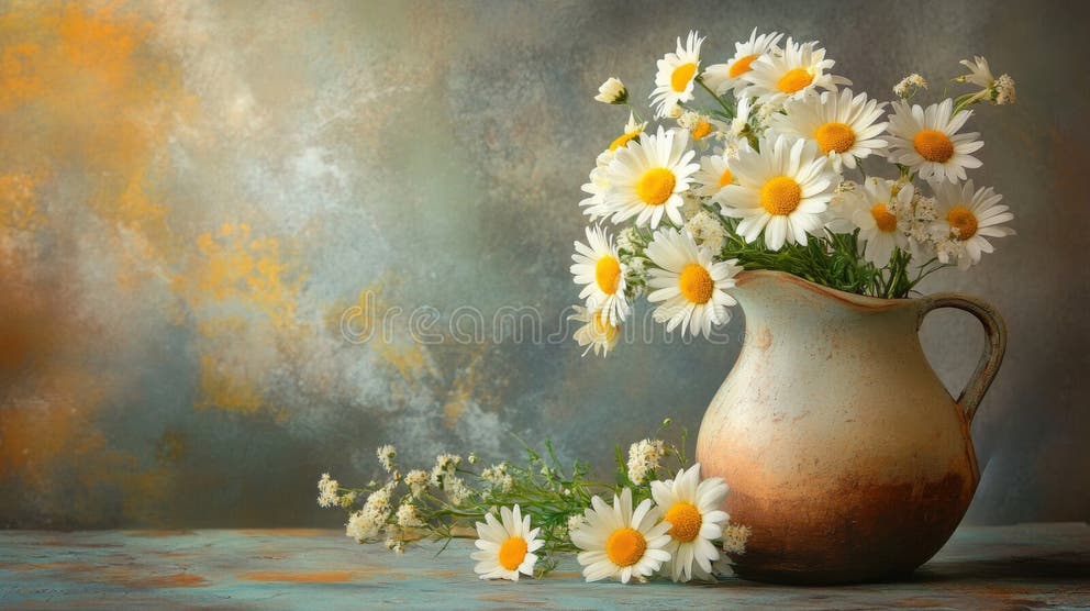 Rustic Pitcher of White Daisies on Textured Background Stock ...