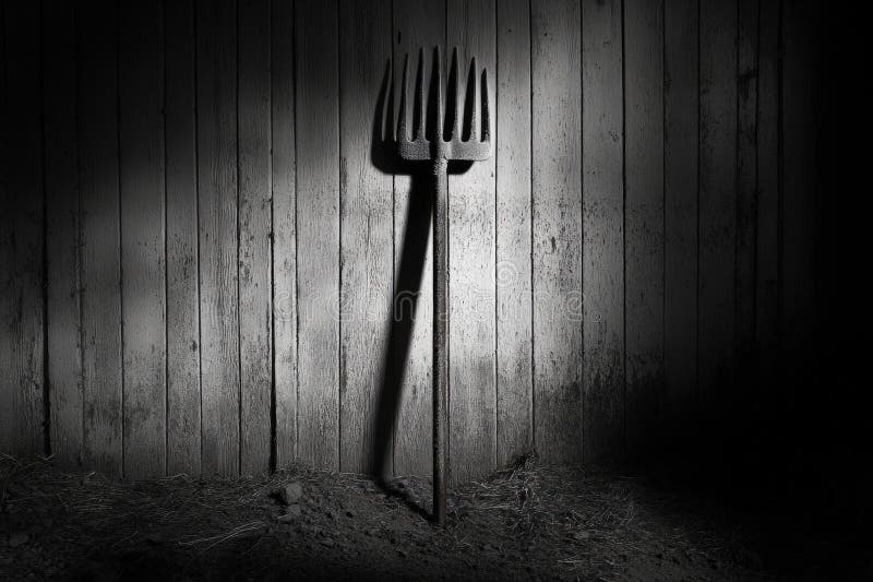 Rustic Pitchfork Leaning Against a Weathered Wooden Wall, Casting ...