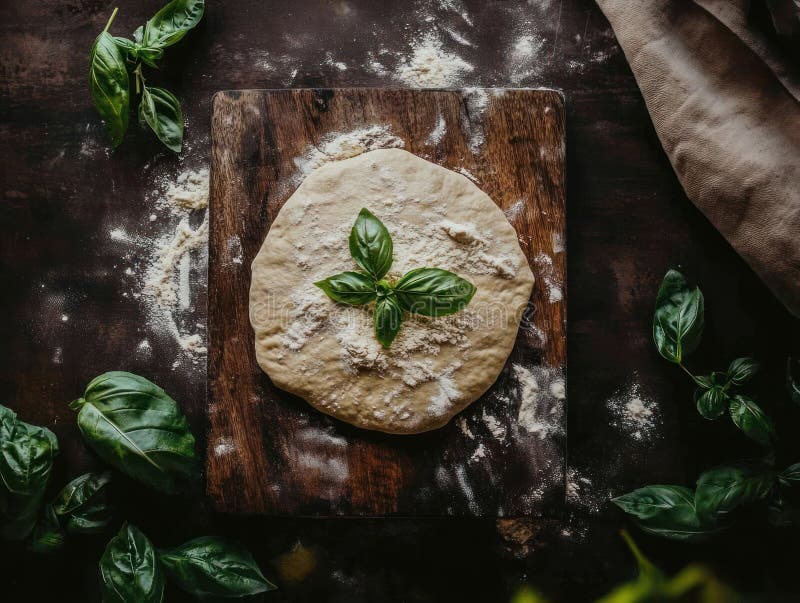 Rustic Pizza Dough on Wooden Surface with Fresh Basil for Culinary ...