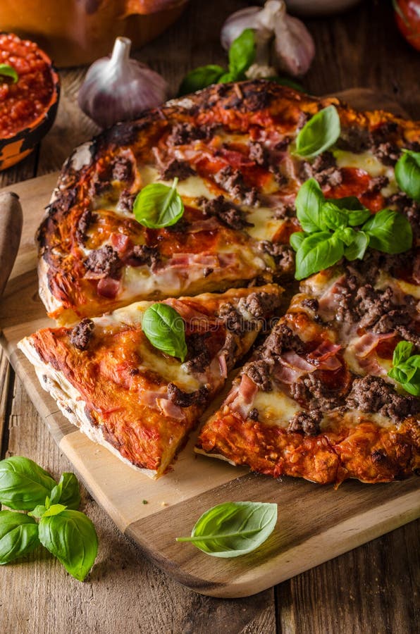 Rustic Pizza with Minced Meat Stock Photo - Image of dough, pepper ...