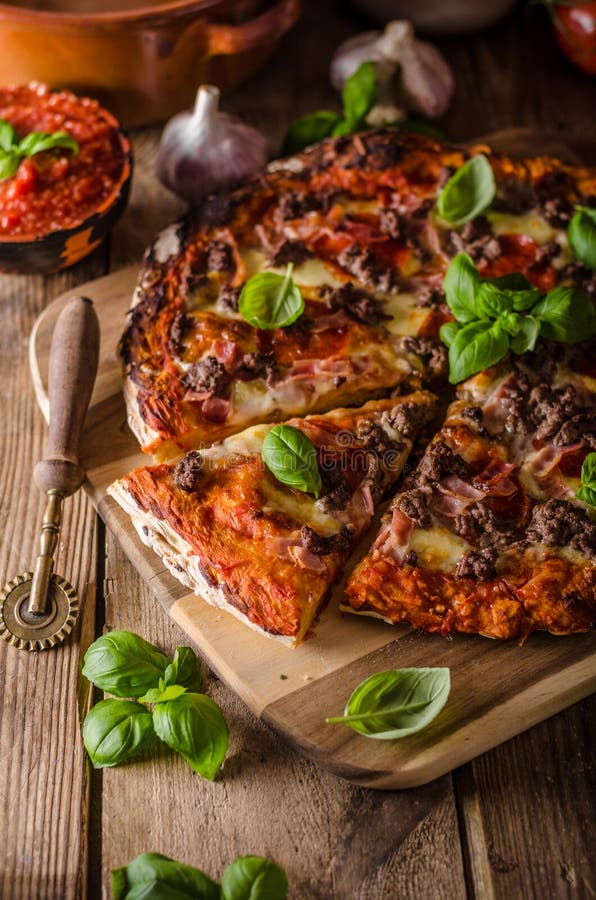 Rustic Pizza with Minced Meat Stock Photo - Image of basil, food: 86294664