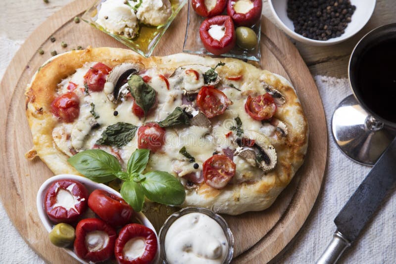 Rustic pizza stock photo. Image of mushrooms, pizza - 147424290