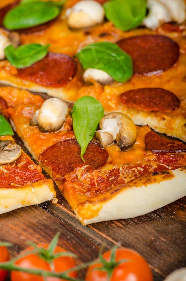 Rustic Pizza with Salami, Mozzarella and Spinach Stock Image - Image of ...