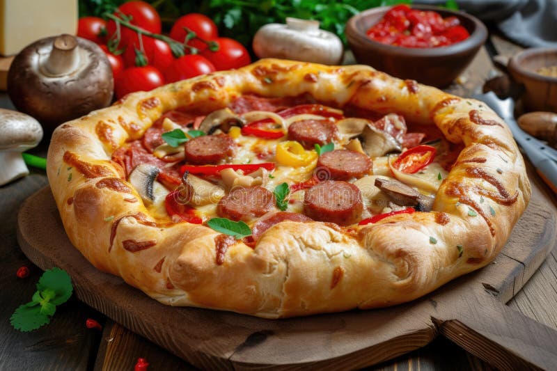 Rustic Pizza with a Thick Crust, Topped with Sausage, Peppers, and ...