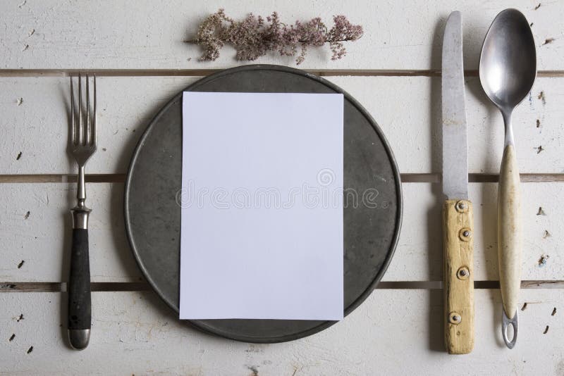 Rustic Place Setting Menu on Old White Wooden Stock Image - Image of ...