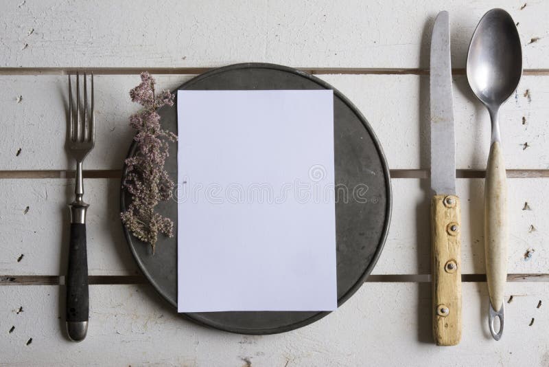 Rustic Place Setting Menu on Old White Wooden Stock Image - Image of ...