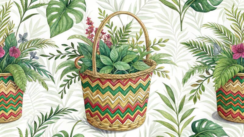 Rustic Plant Basket Double Exposure with Zigzag Pattern a ...