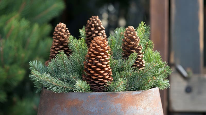 Decorative Arrangement of Pine Cones and Evergreen Branches in a Rustic ...