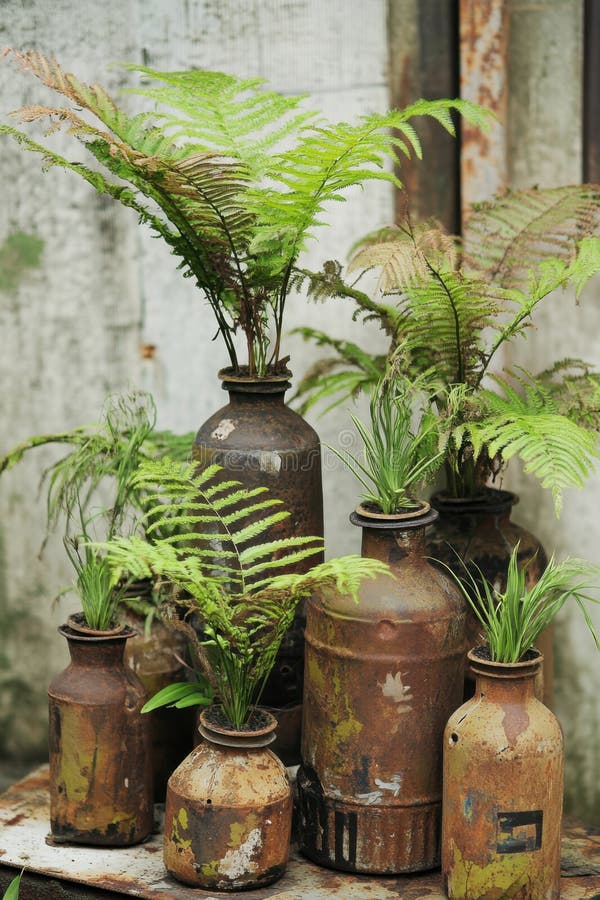 Rustic Planters with Ferns and Grasses in Recycled Metal Containers ...
