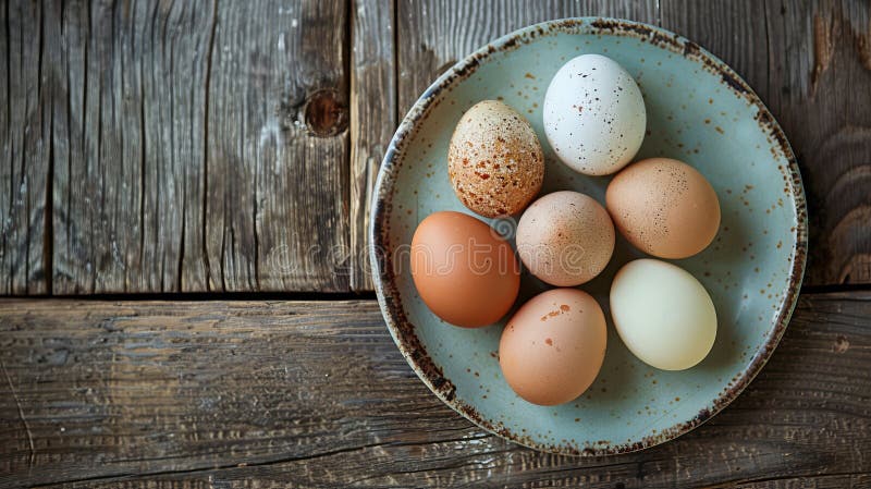 Rustic Plate of Colorful Assorted Eggs on a Wooden Table. a Variety of ...