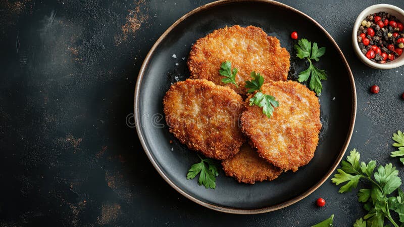 Rustic Plate with Fried Pork and Beef Cutlets Viewed from Above Stock ...