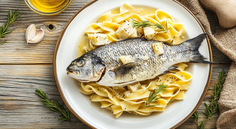 Rustic Plate Presentation of Aromatic Baked Fish with Lemon and Pasta ...