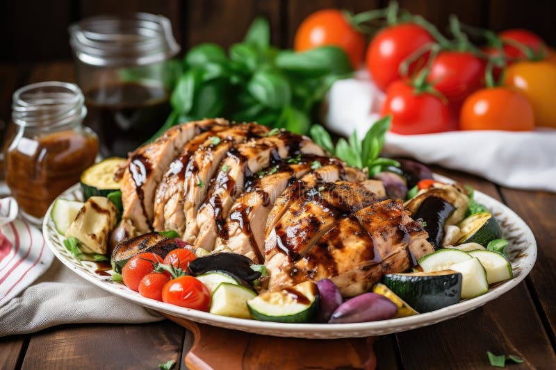 A Rustic Plate with Roasted Chicken, Fresh Vegetables, and a Drizzle of ...
