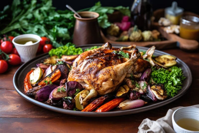 A Rustic Plate with Roasted Chicken, Fresh Vegetables, and a Drizzle of ...