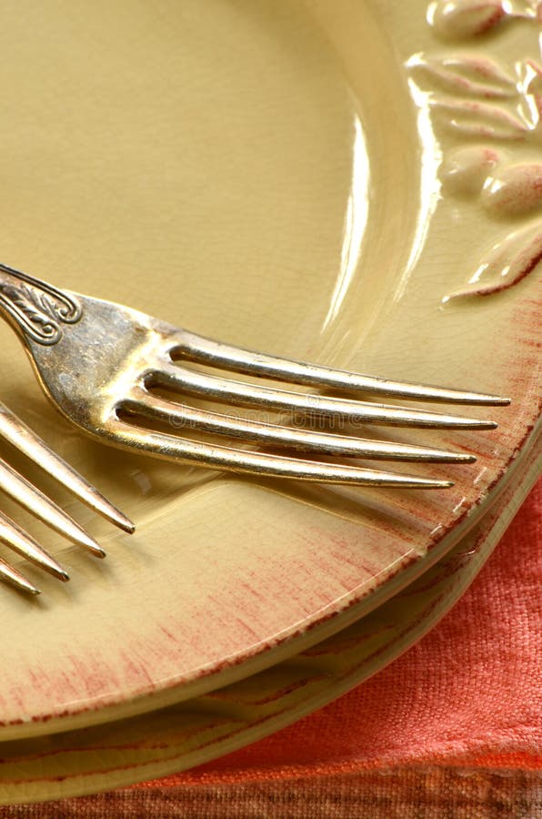 Rustic plates and forks stock photo. Image of design - 48758982