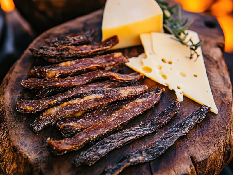 A Rustic Platter Featuring Beef Jerky, Cheese, and Herbs on a Wooden ...