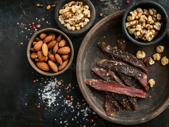 A Rustic Platter Featuring Beef Jerky, Nuts, and Salt, Ideal for a ...