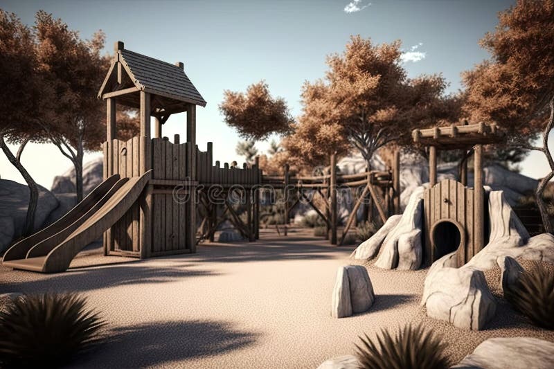 A Rustic Playground with Wooden Structures and Natural Elements Such As ...