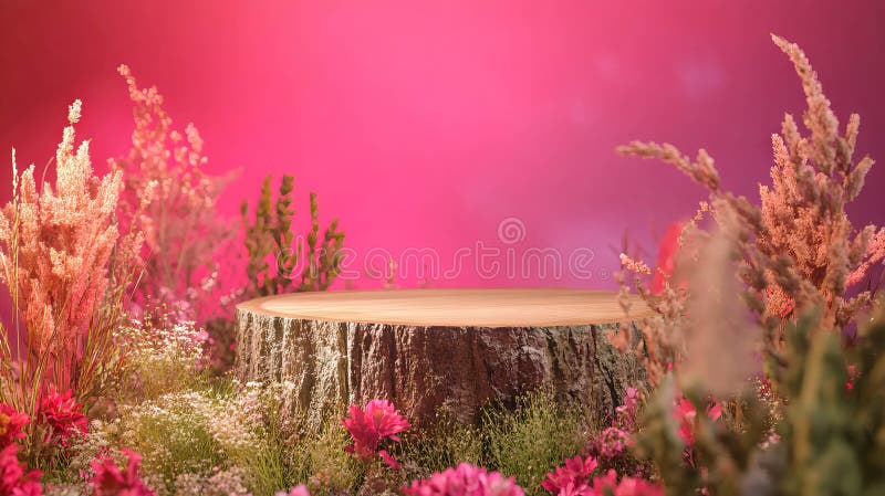 Rustic Podium in Vibrant Pink Floral Setting for Event Display Design ...