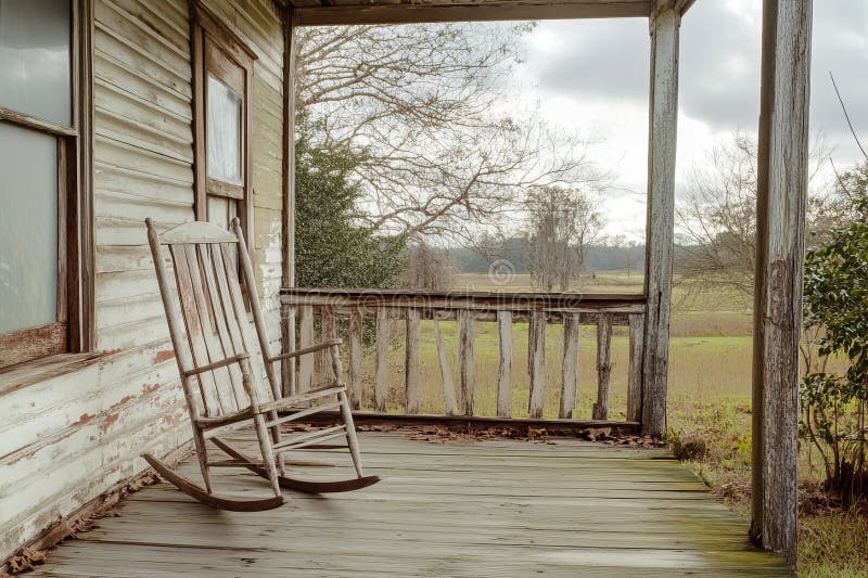 Rustic Porch with Rocking Chair Overlooking Scenic Landscape Stock ...