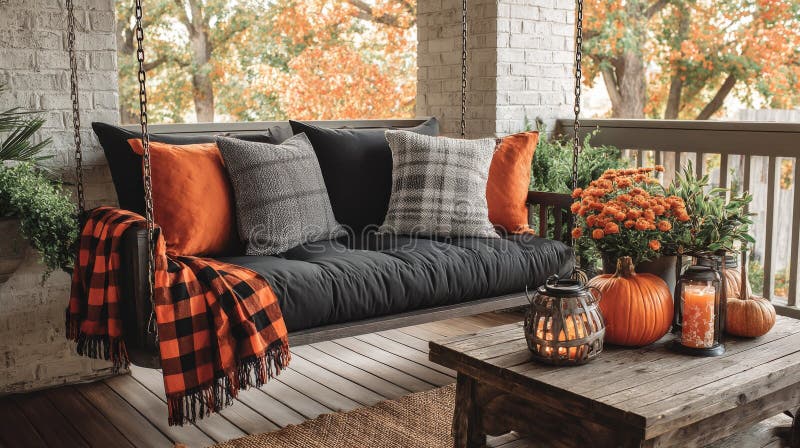 Rustic Porch Swing with Fall Decor Stock Illustration - Illustration of ...