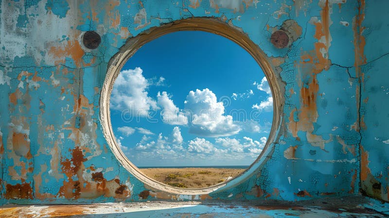 Rustic Porthole Frames Idyllic Sky, Concept of Freedom and Exploration ...
