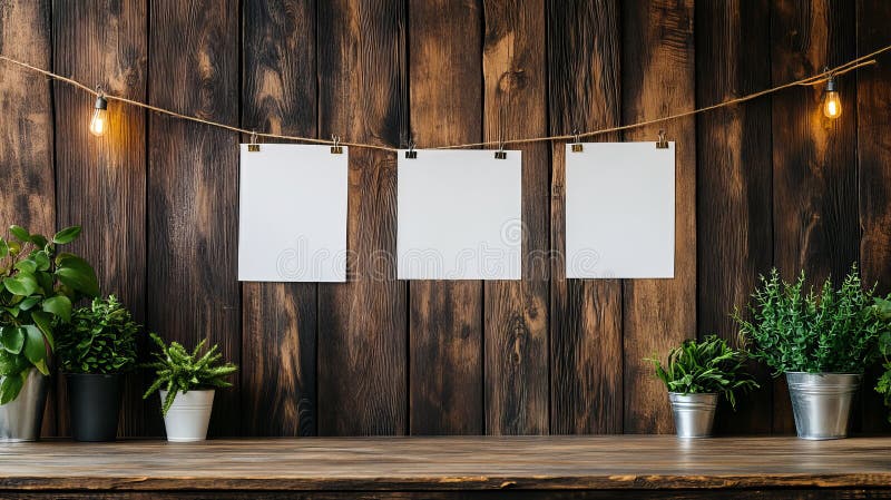 Rustic Poster Display with Clips on String Against Wooden Wall and ...