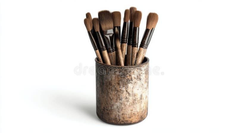 A Rustic Pot Filled with Various Makeup Brushes Resting on a Clean ...