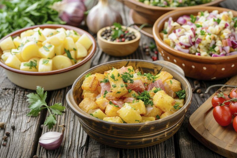 Rustic Potato Salad with Fresh Herbs and Bacon Bits Stock Photo - Image ...