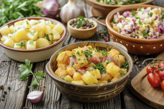 Rustic Potato Salad with Fresh Herbs and Bacon Bits Stock Photo - Image ...