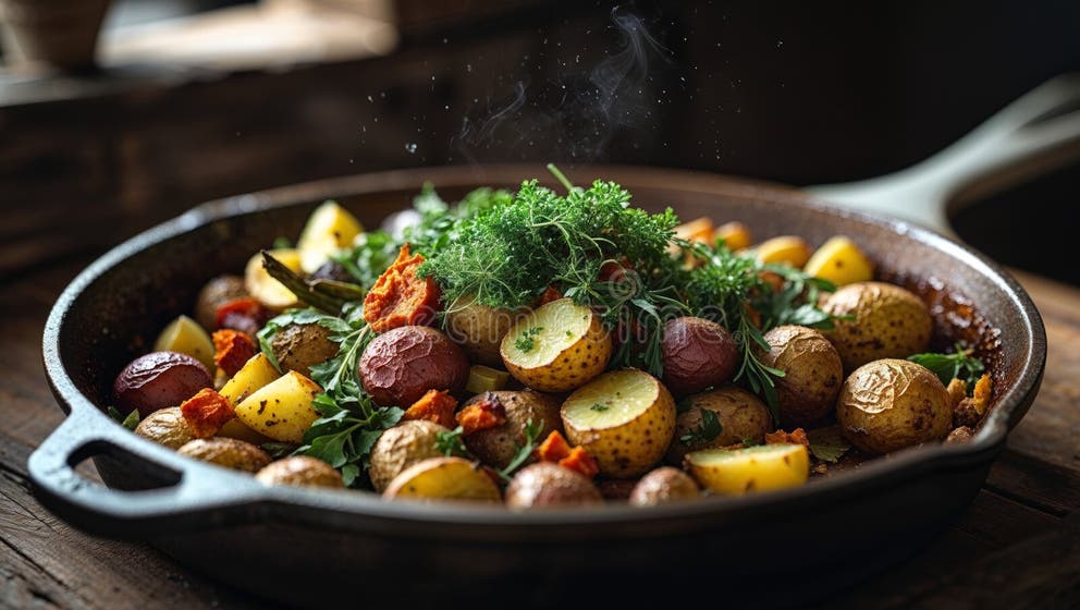 Rustic Potato and Vegetable Bake with Fresh Herbs Served in Cast Iron ...