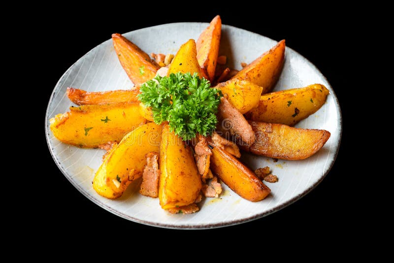 Rustic Potato Wedges with Bacon on Black Background Side View Stock ...