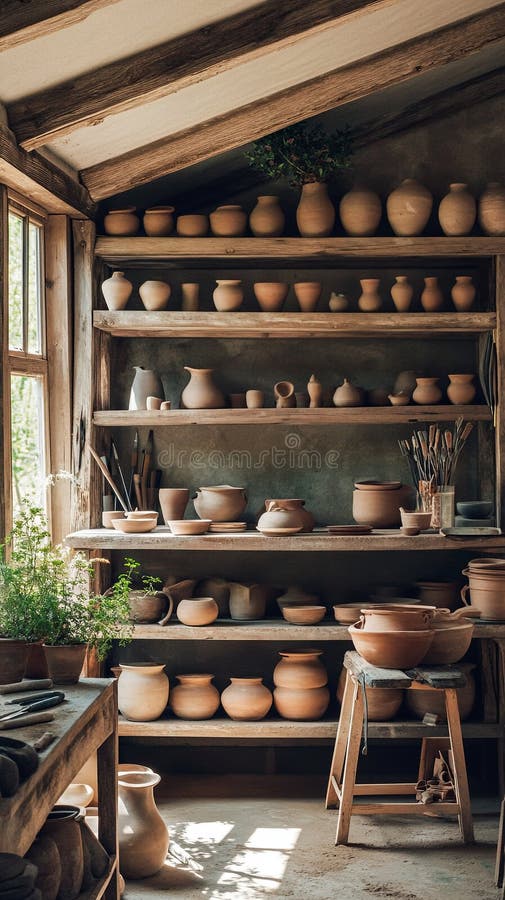 A Rustic Pottery Barn with Shelves of Clay Pots, Vases, and Sculpting ...