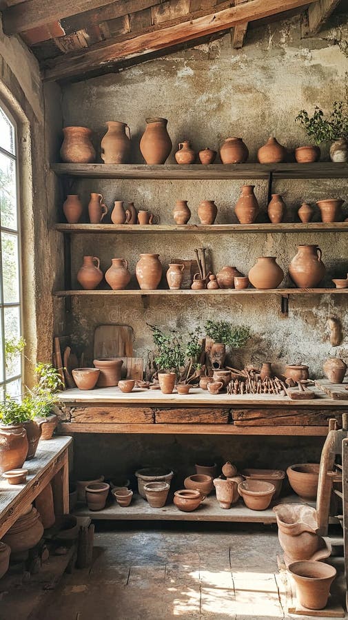 A Rustic Pottery Barn with Shelves of Clay Pots, Vases, and Sculpting ...