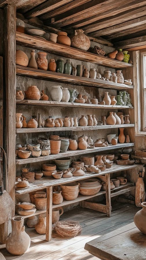 A Rustic Pottery Barn with Shelves of Clay Pots, Vases, and Sculpting ...